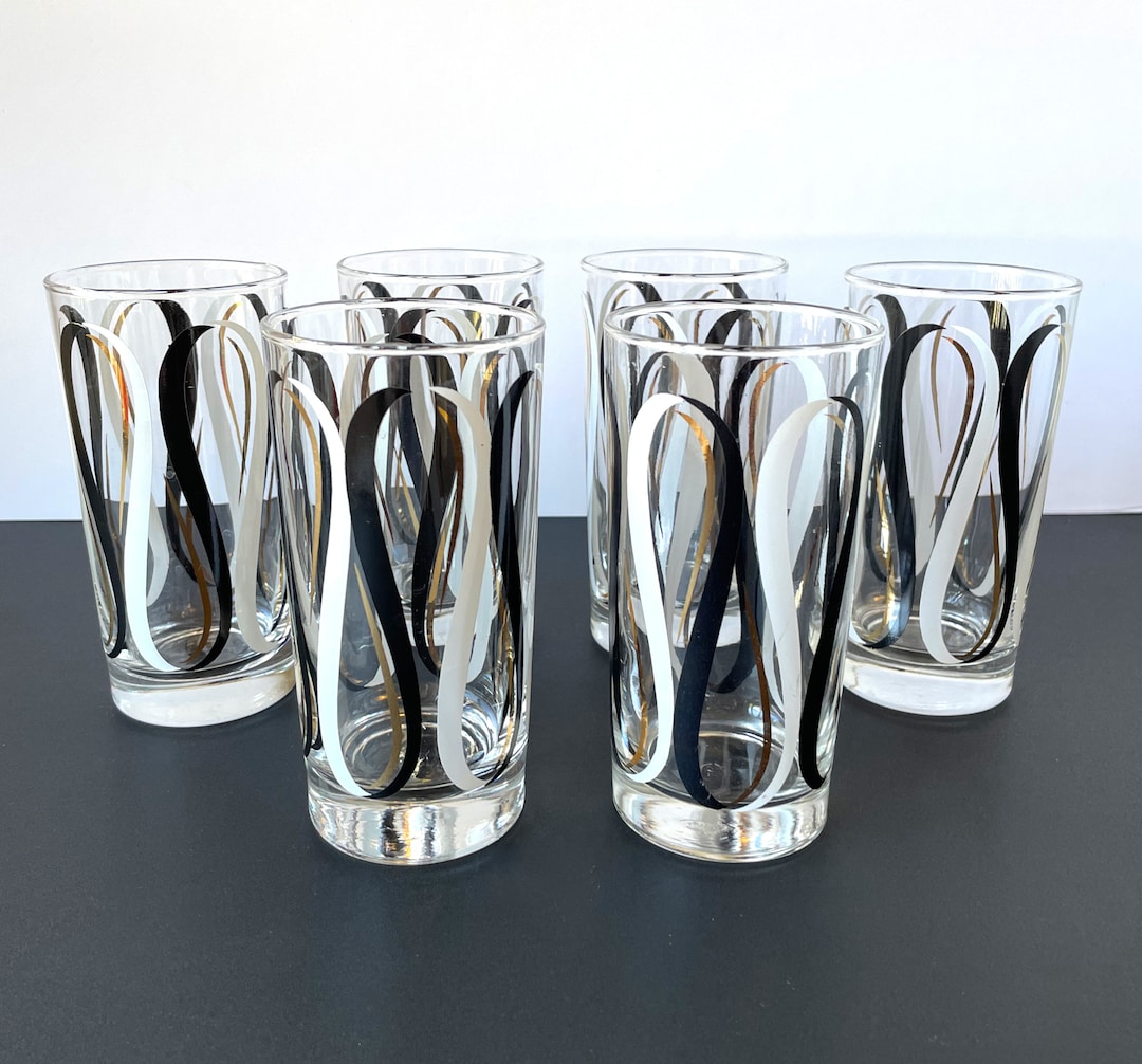 Vintage Libbey Black, White, and Gold Ribbon Highball Glasses, Set of ...