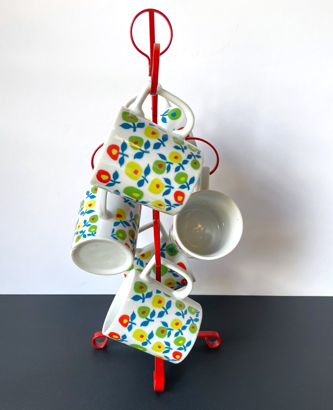 Vintage Red Metal Mug Tree With Mod Floral Mugs - Etsy