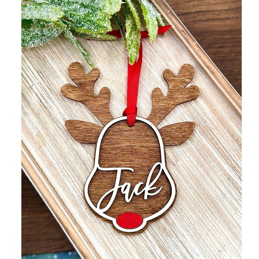 Personalized Reindeer Ornaments Wood, Cute Reindeer Stocking Tag for ...