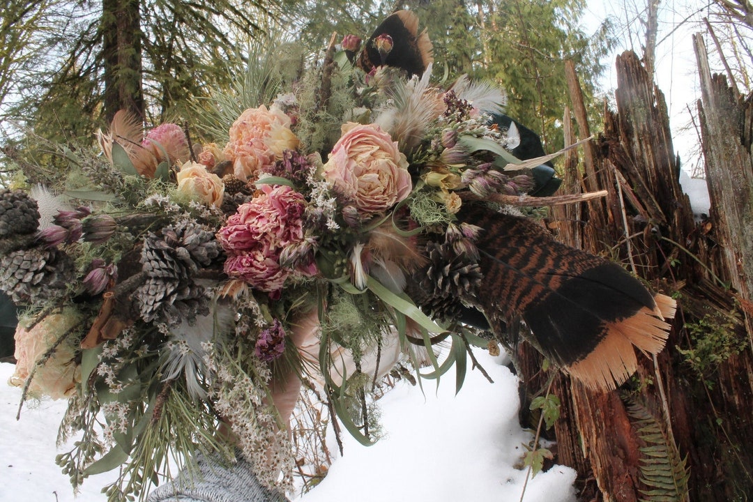 Dried flower bouquet, turkey feather bouquet, pink bouquet, dried ...