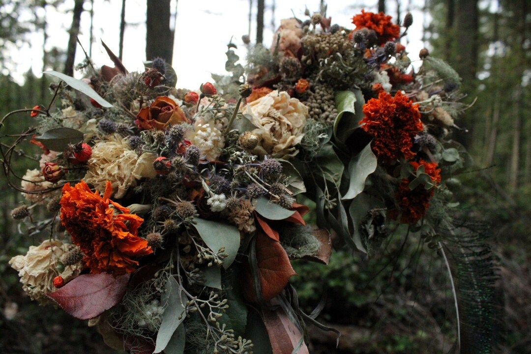 Dried Flower Bouquet, Dried Bridal Bouquet, Rust Orange Bouquet, Orange ...