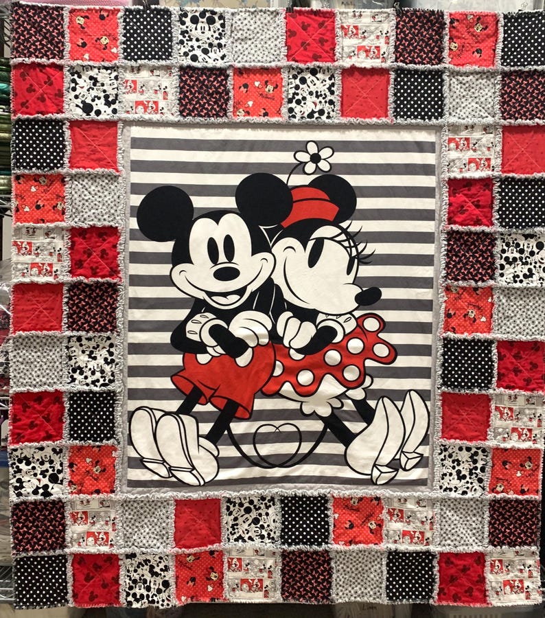Homemade Disney Mickey and Minnie Mouse Rag Quilt Throw Blanket and ...