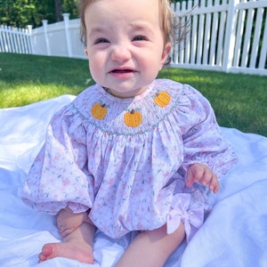Ella Pumpkin Smocked Bubble floral Pumpkins Romper Baby Pumpkin Outfit Fall Matching Baby Bubble ...