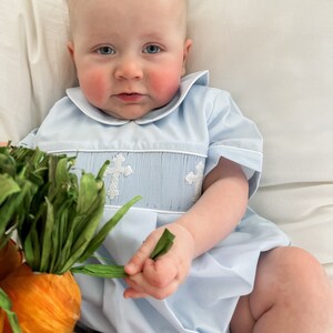 Smocked Cross Boy Bubble baby Christening Outfit Baby Boy Blue Cross ...