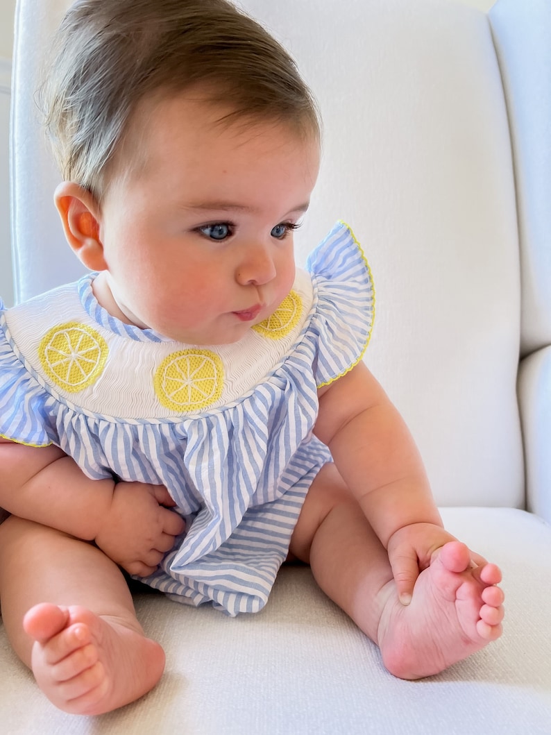 Blue Seersucker Smocked Lemon Bubble - Etsy