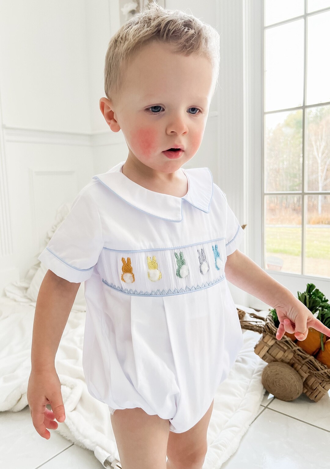 Caleb Colorful Bunny Smocked Bubble - Etsy