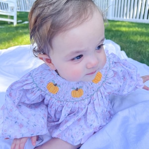 Ella Pumpkin Smocked Bubble floral Pumpkins Romper Baby Pumpkin Outfit Fall Matching Baby Bubble ...
