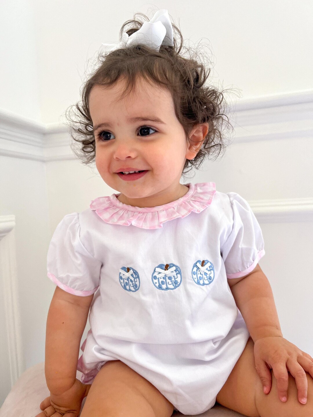 Carly Chinoiserie Pumpkin and Pink Gingham Ruffle Smocked Bubble - Etsy