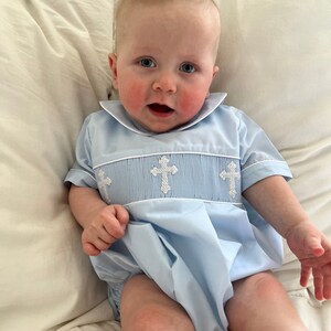 Smocked Cross Boy Bubble baby Christening Outfit Baby Boy Blue Cross ...