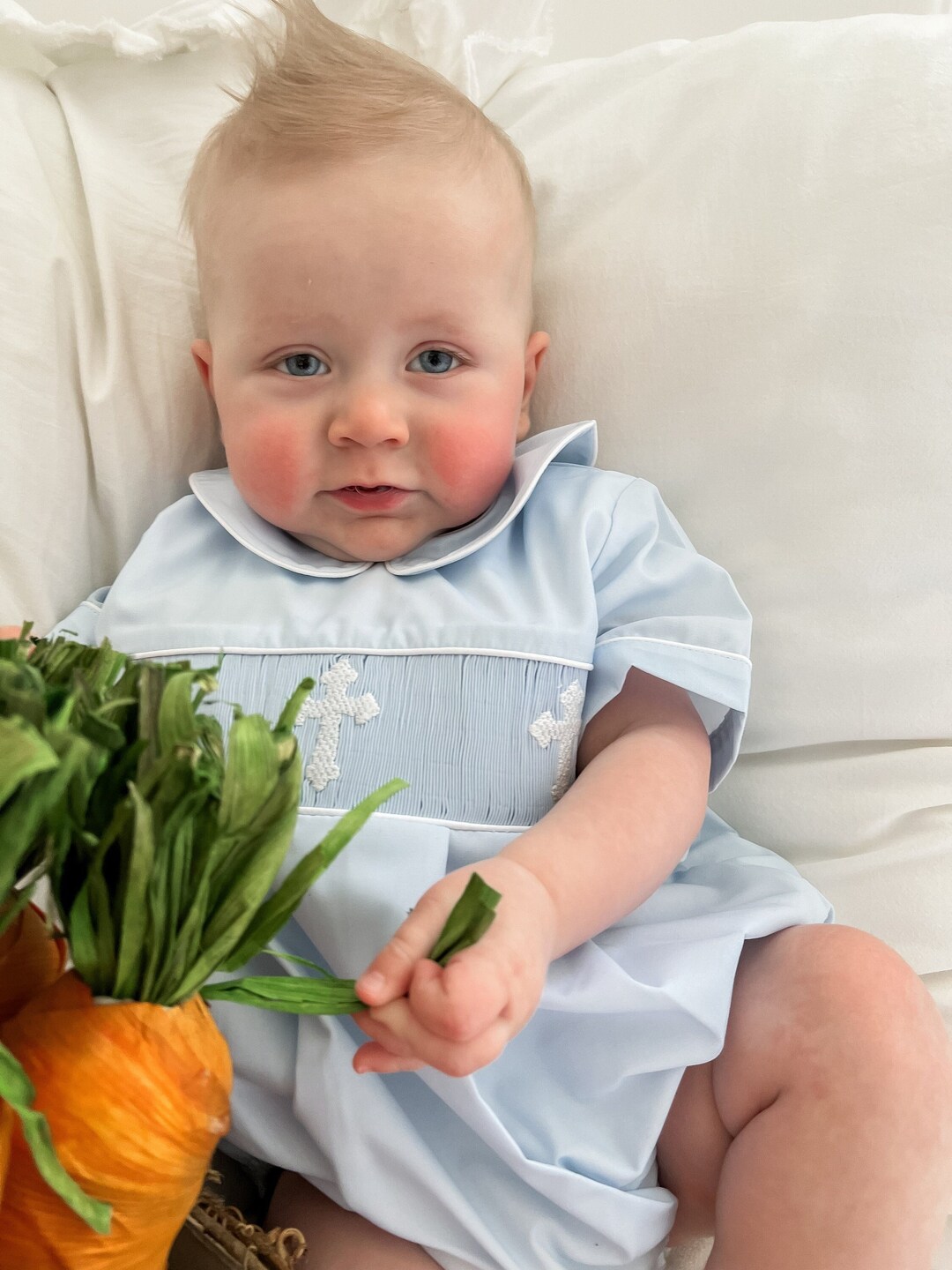 Smocked Cross Boy Bubble baby Christening Outfit Baby Boy Blue Cross ...