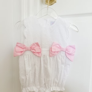 Swiss Dot Bella Bow Bubble embroidered Baby Girl Bow Romper Pink Bow ...