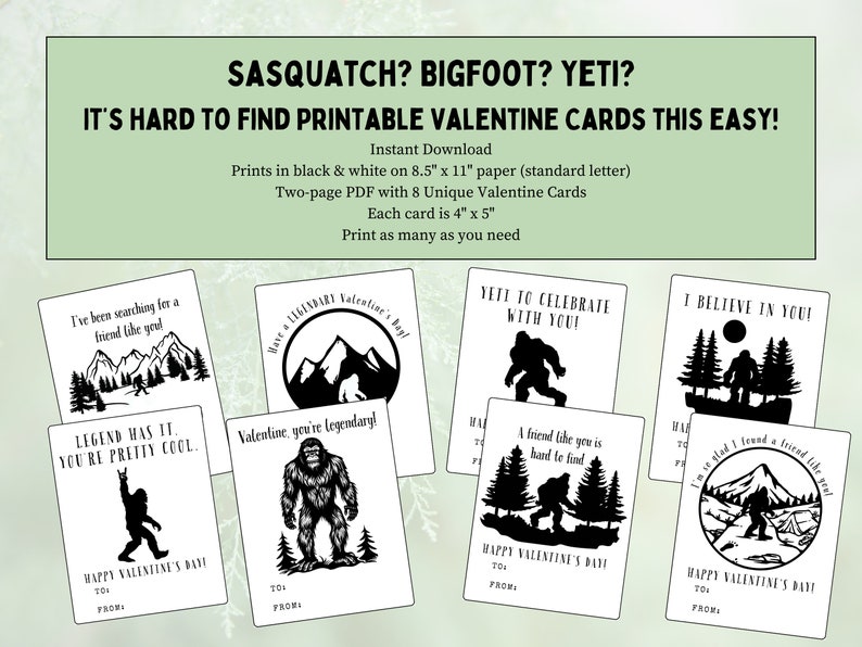 Bigfoot Sasquatch Yeti Fast and Easy Printable School Valentines. Just ...