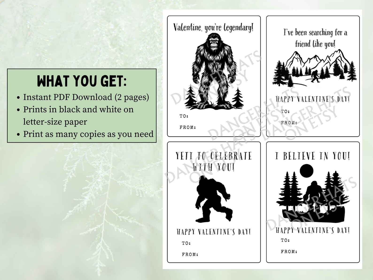Bigfoot Valentine Cards for Kids. Download and Print Set of 8 Cryptid ...