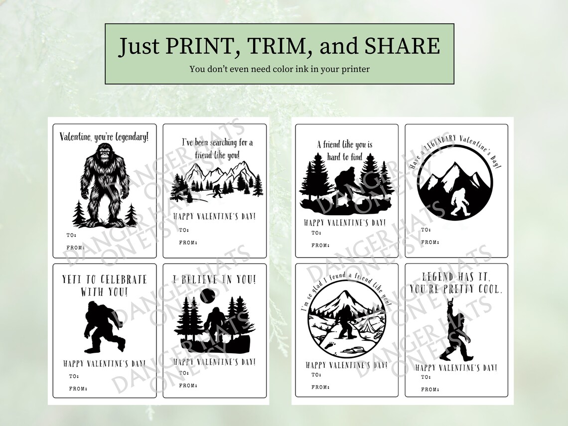 Bigfoot Sasquatch Yeti Fast and Easy Printable School Valentines. Just ...
