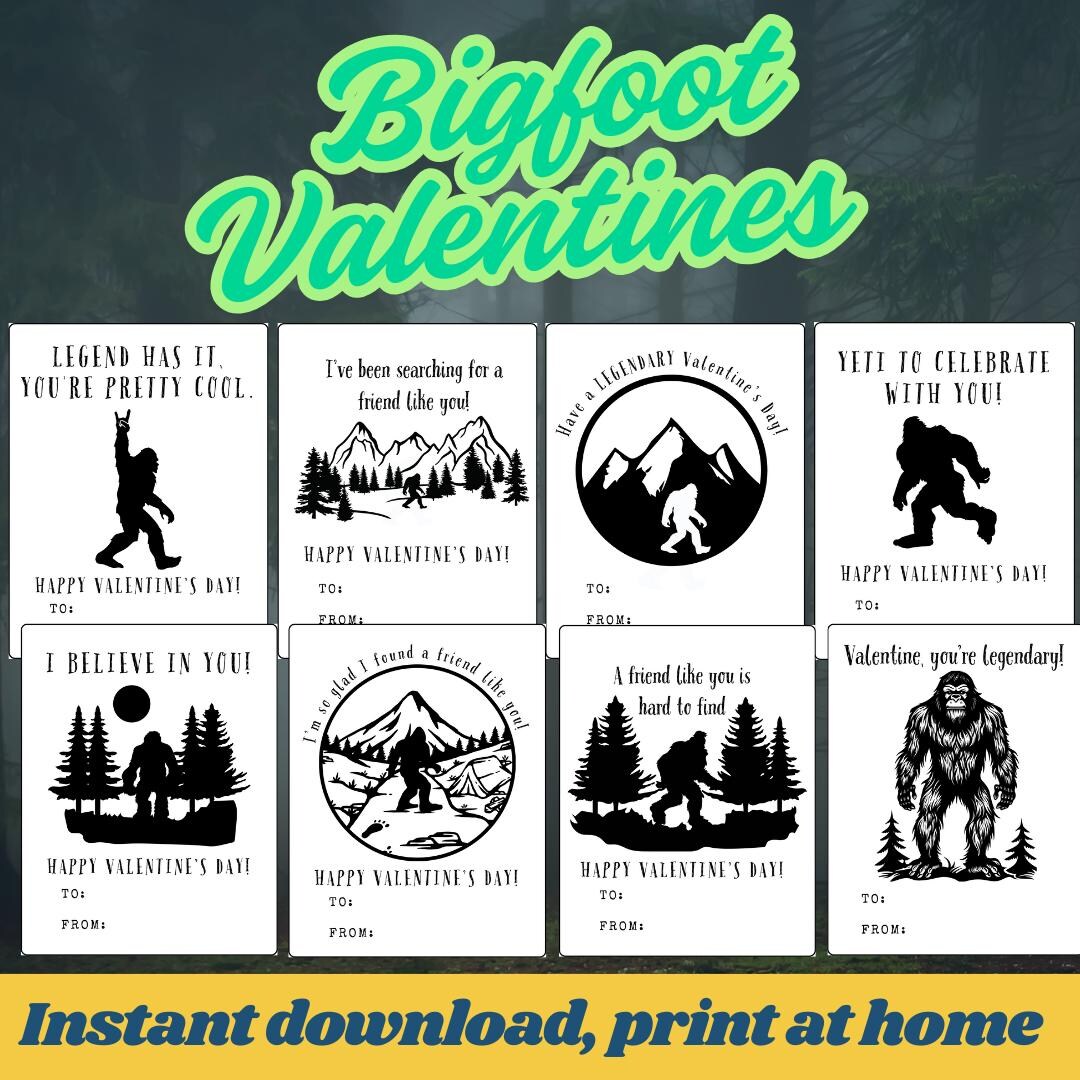 Bigfoot Sasquatch Yeti Printable Valentine Cards for Classrooms. 8 ...