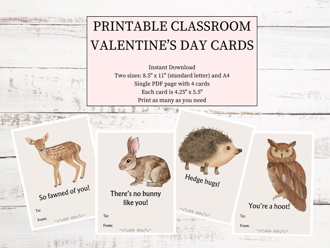 Valentine's Day Printable Cute Animals Classroom Cards - Instant PDF ...
