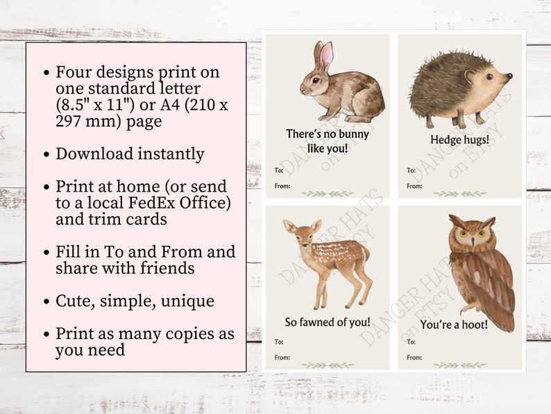 Valentine's Day Printable Cute Animals Classroom Cards - Instant PDF ...