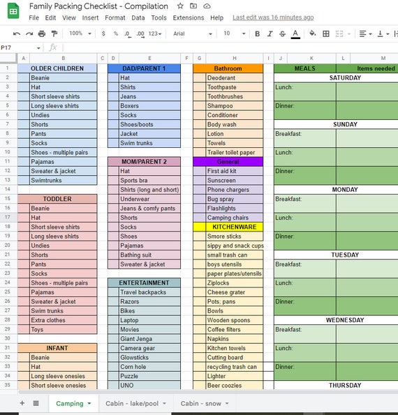 Excel Rv Packing List