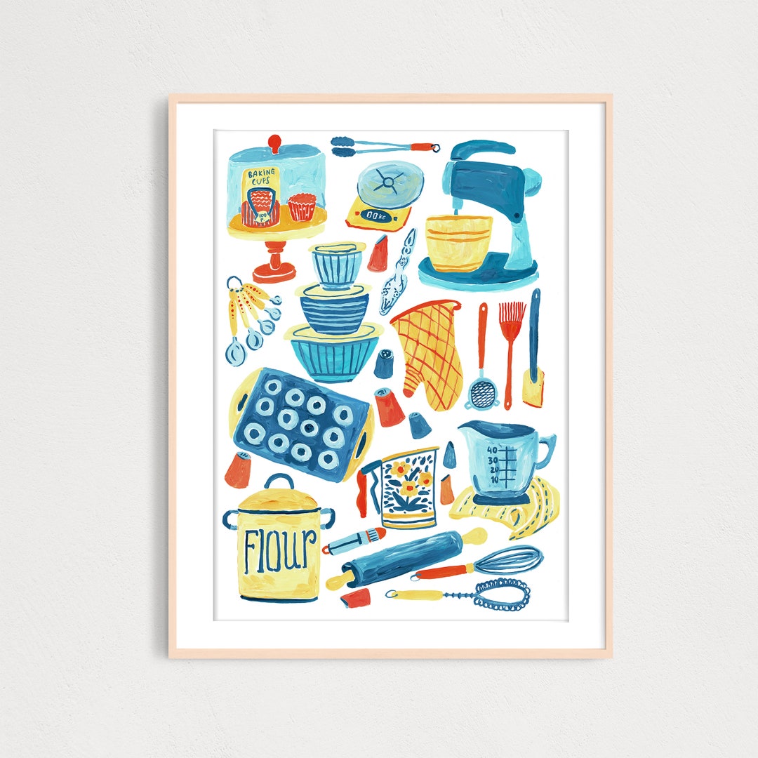 Baking Items Art Print, Gouache Illustration of Kitchen Items, Baking ...