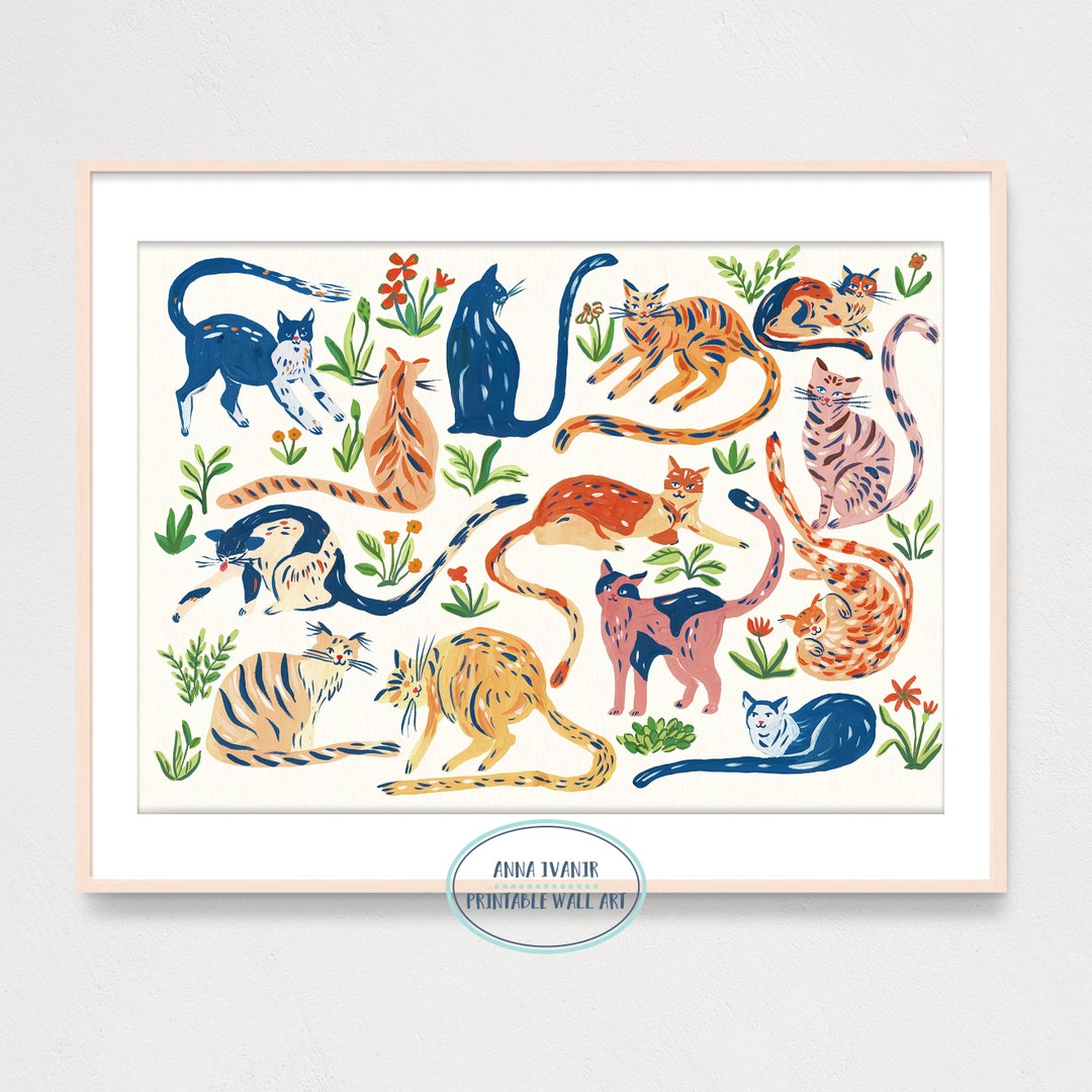 Cats Party Art Print, Printable Gouache Illustration Wall Decor, Kids ...