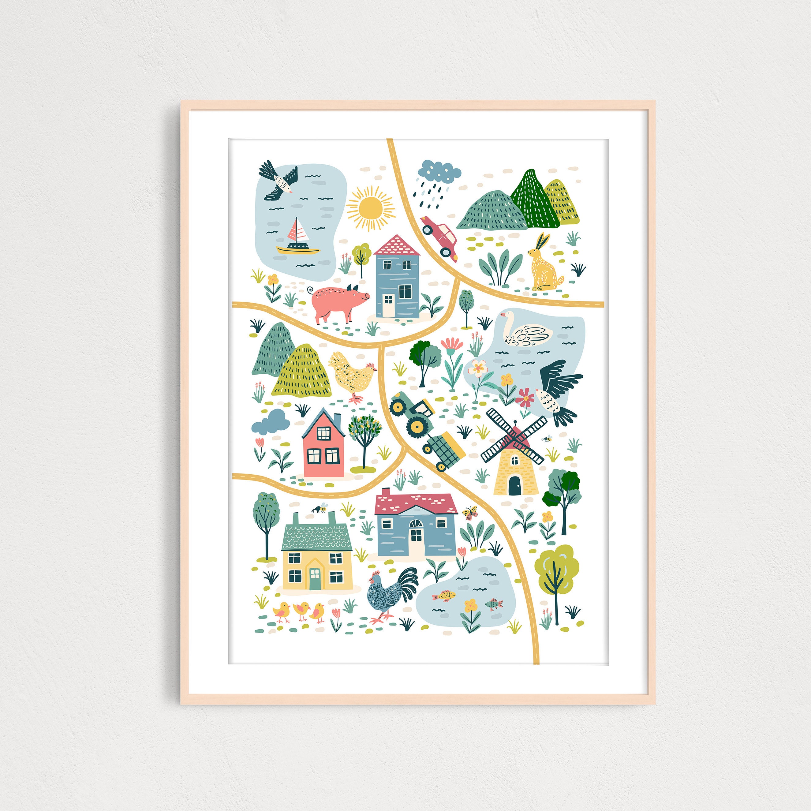 DIGITAL Little Village Map Art Print, Farm Wall Decor for Kids, Nursery ...