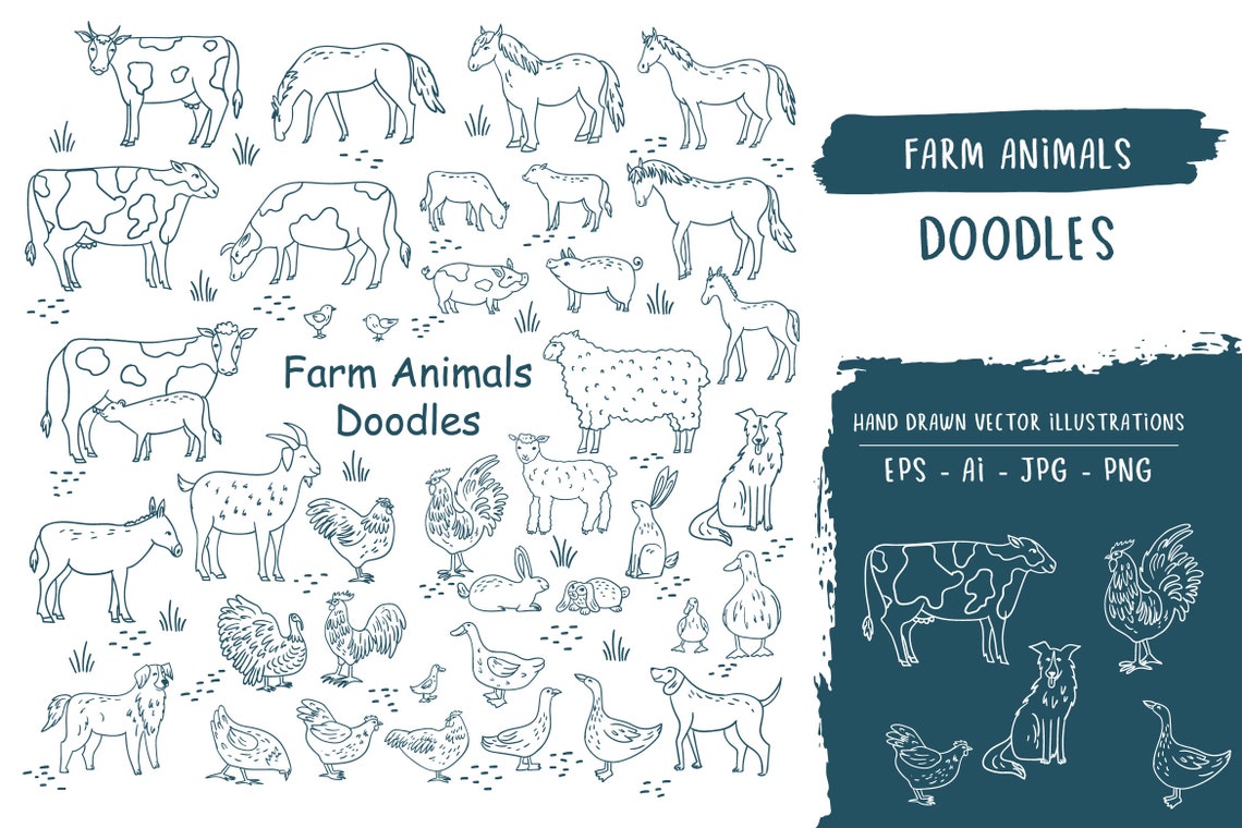 ANIMAL Doodle Vector Icons Doodle Farm Animals Icons Clipart Hand Drawn ...
