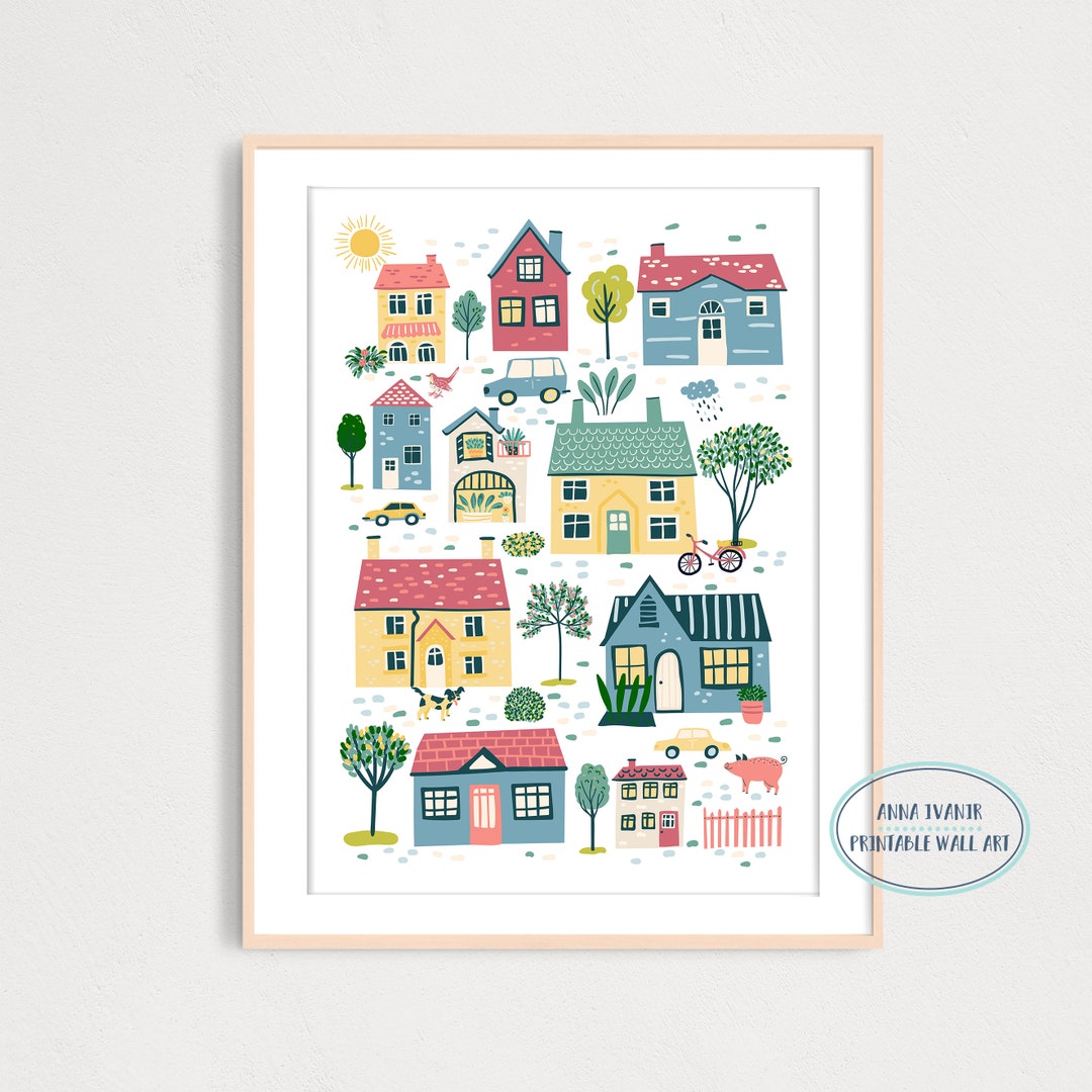 Little Town Kids Art Print, Little Village Wall Decor, Nursery Room ...
