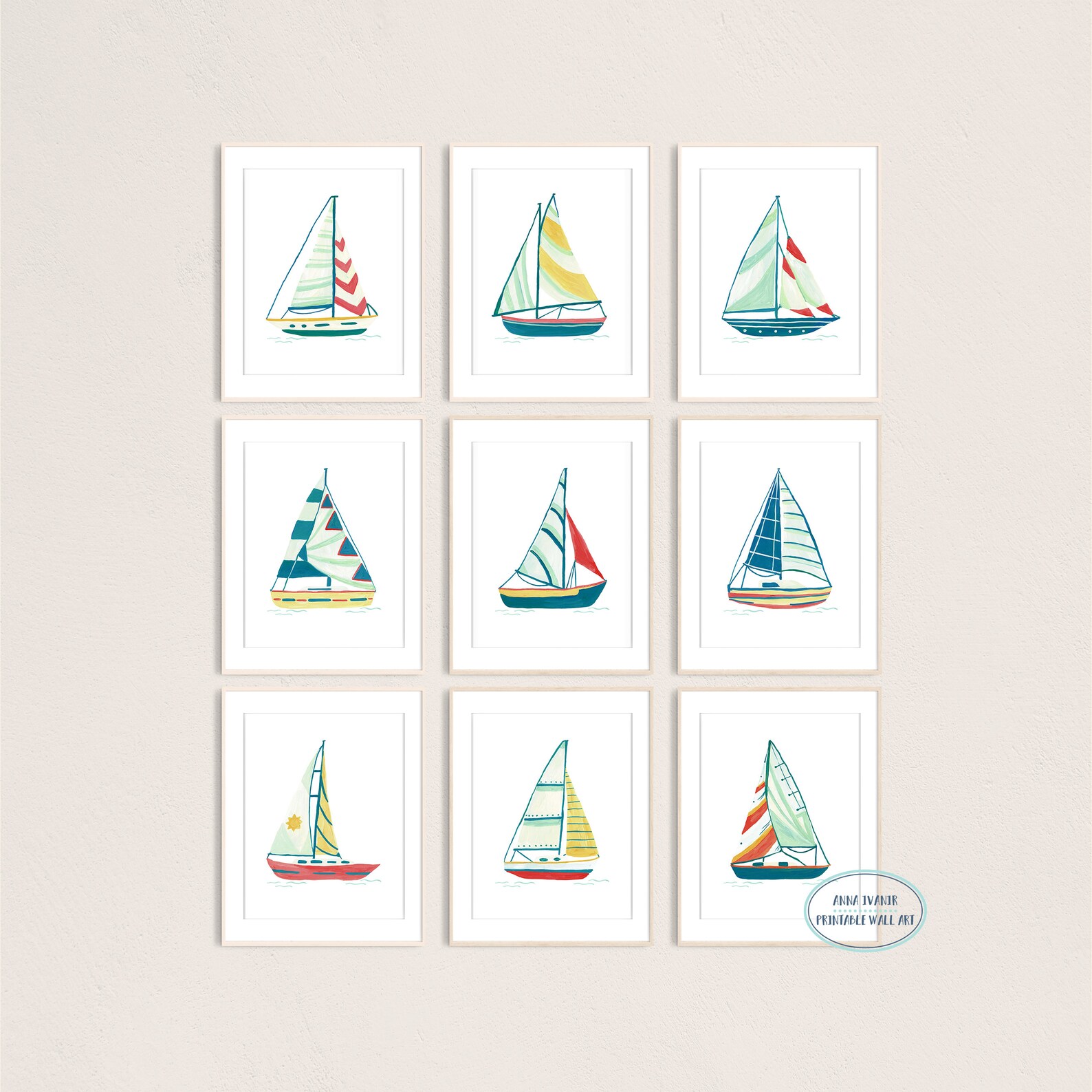 DIGITAL Sailboats Kids Art Print, Set of 9 Printable Wall Decor ...