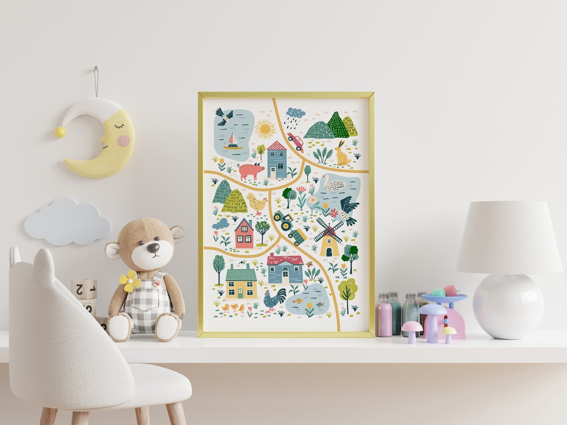 DIGITAL Little Village Map Art Print, Farm Wall Decor for Kids, Nursery ...