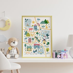 DIGITAL Little Village Map Art Print, Farm Wall Decor for Kids, Nursery ...