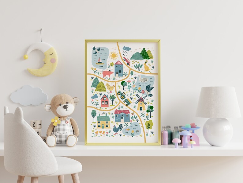 DIGITAL Little Village Map Art Print, Farm Wall Decor for Kids, Nursery ...