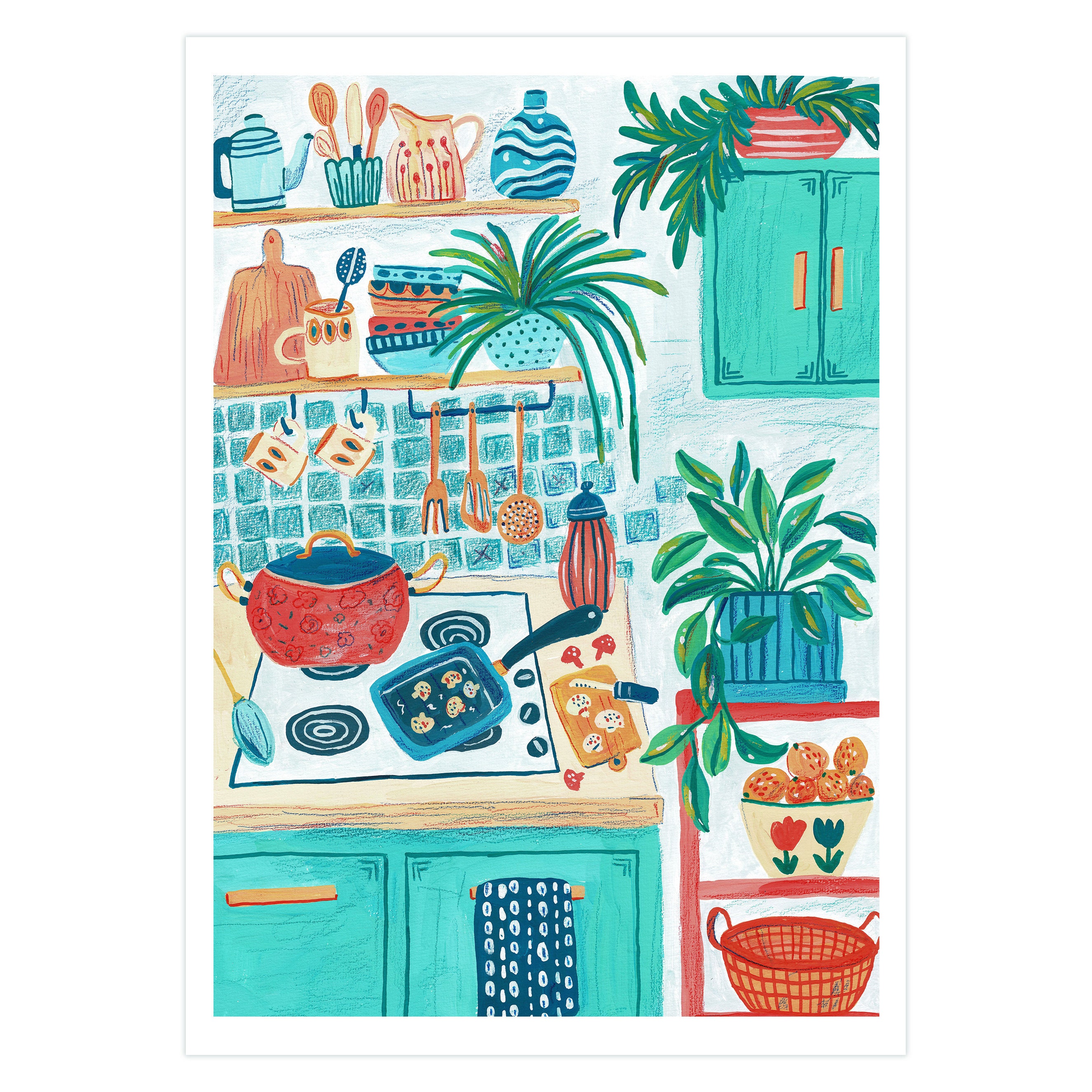 Kitchen Scene Art Print, Cooking at Home Art Print, Gouache ...