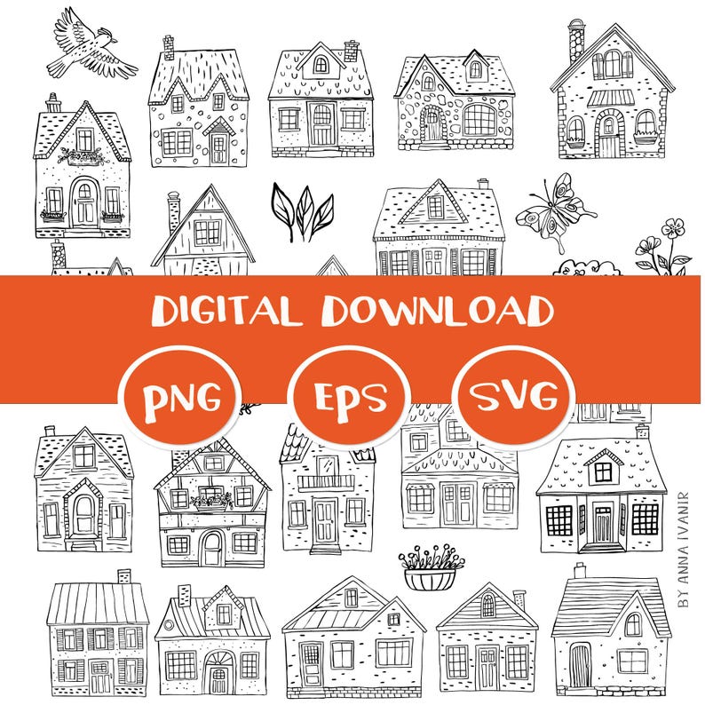 20 Hand-drawn House Clipart Set With Cottages, Village Homes & Bonus ...