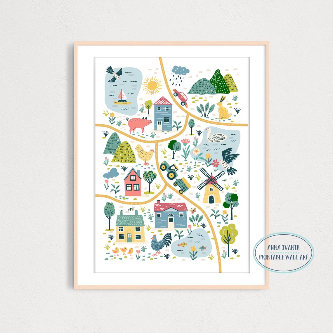 DIGITAL Little Village Map Art Print Farm Wall Decor for - Etsy