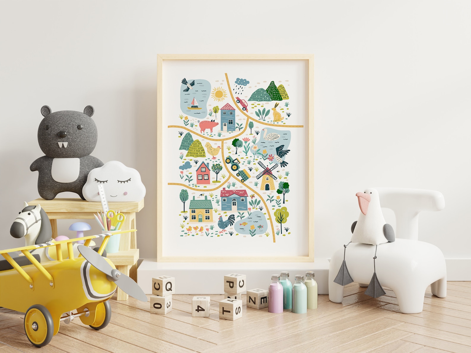 DIGITAL Little Village Map Art Print, Farm Wall Decor for Kids, Nursery ...