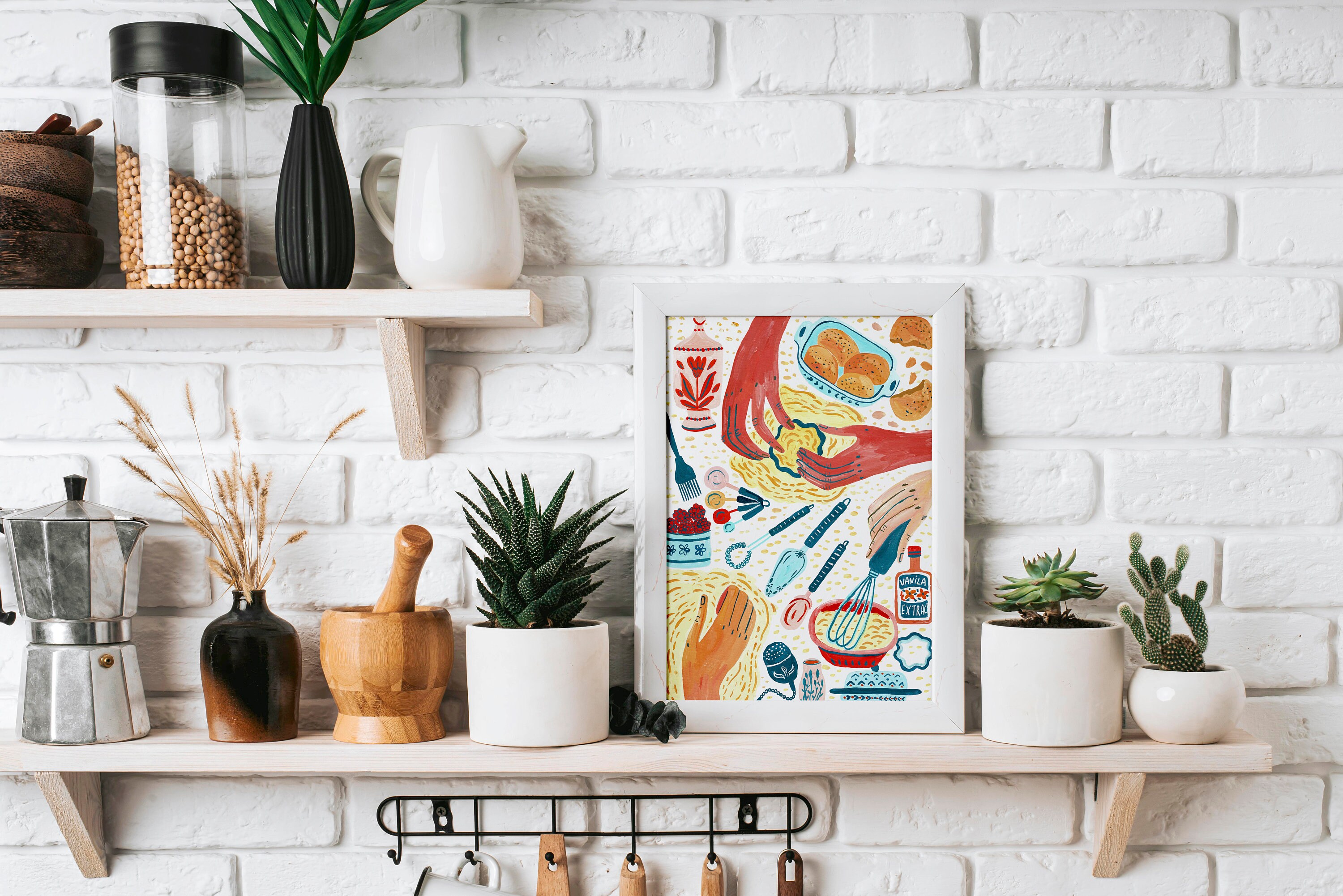 Baking Hands Art Print, Printable Kitchen Wall Decor, Gouache ...