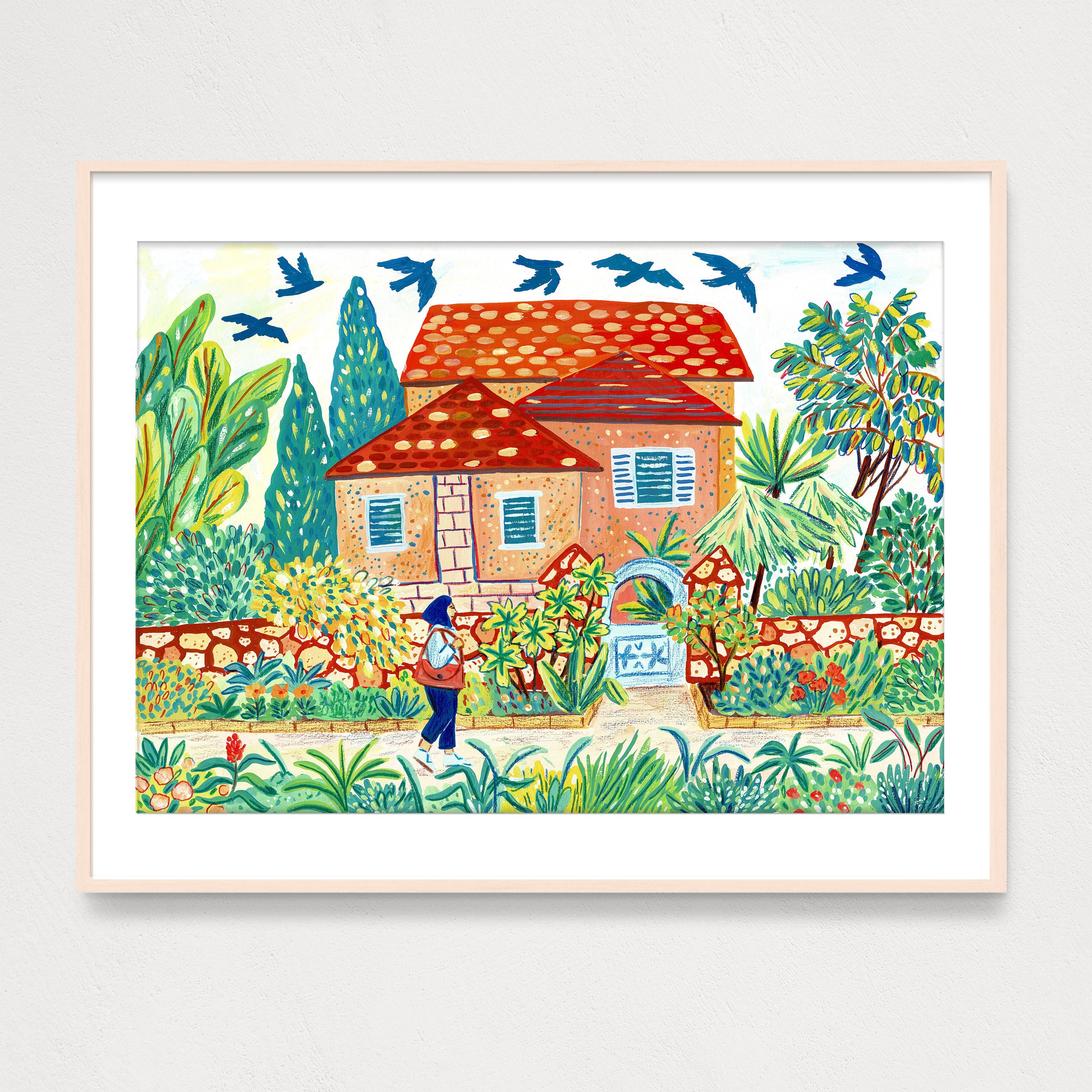 Woman Walking to Her House Art Print, Gouache Housewarming Gift Wall ...