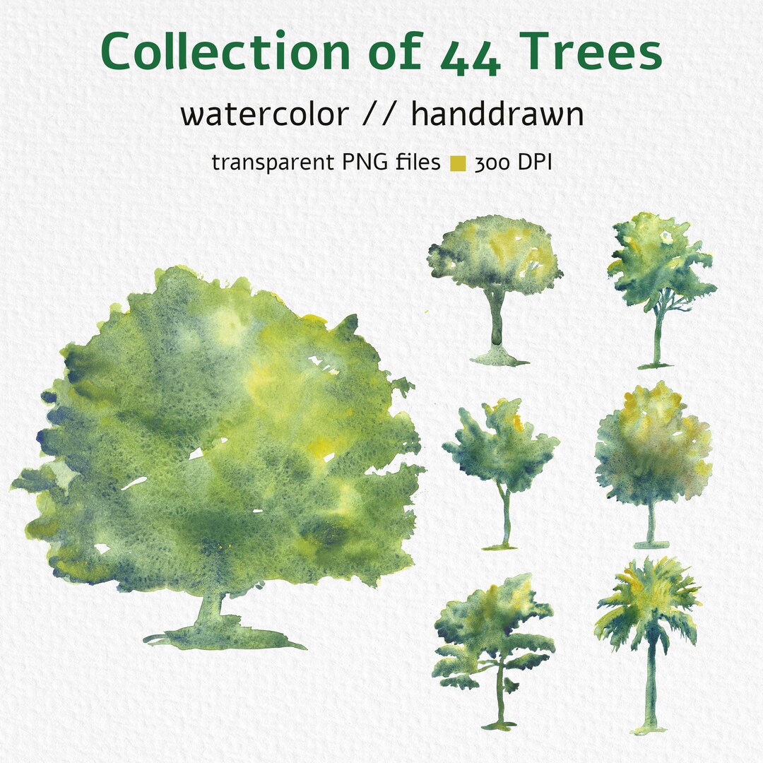 Watercolor Tree Clipart Set – 44 Hand Painted Green Trees PNG ...