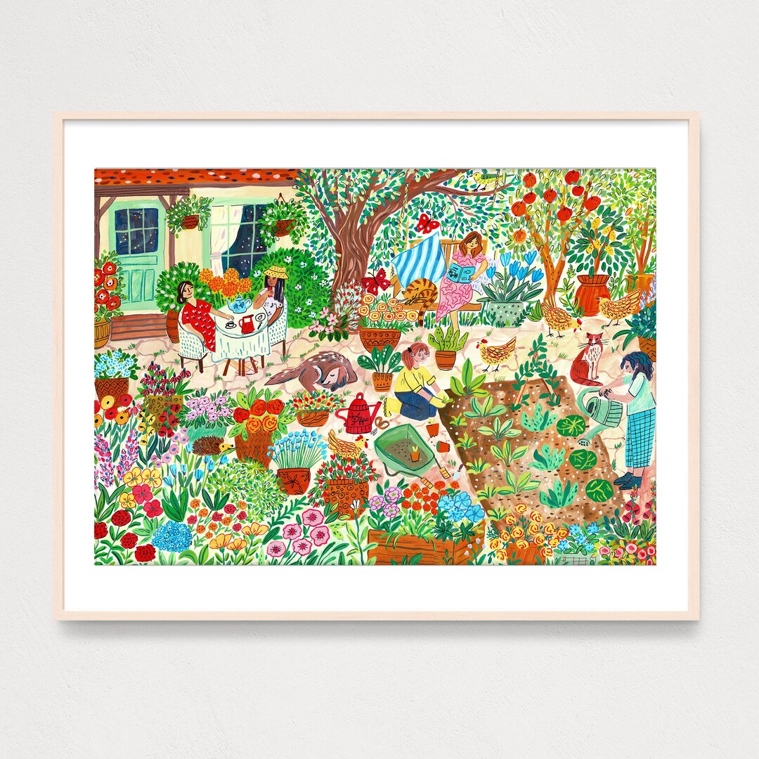 ART PRINT - Summer Garden Art Print | Whimsical Illustrated Backyard ...