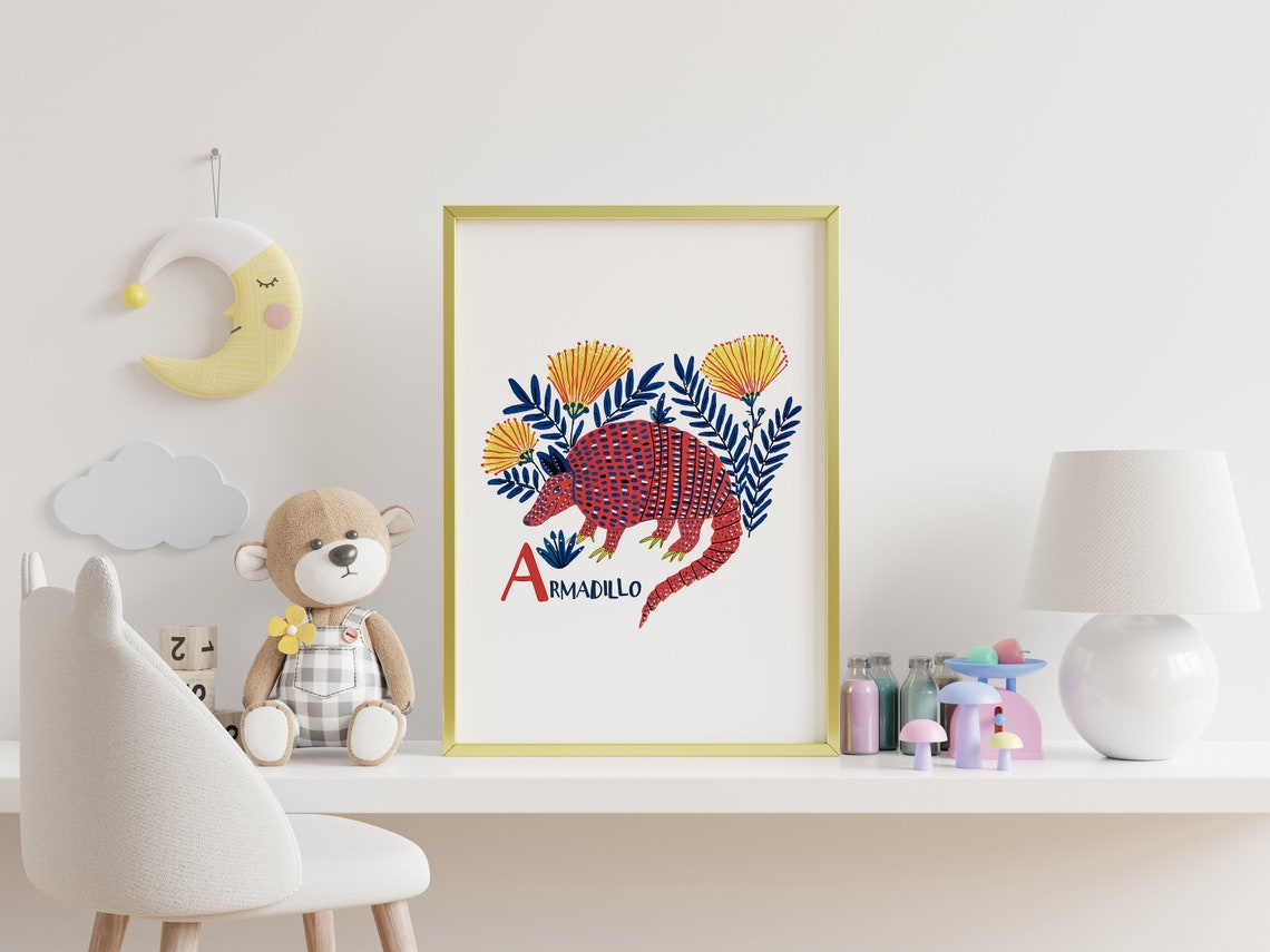 Happy Animal Armadillo Art Print Alphabet A Letter Kids Room | Etsy