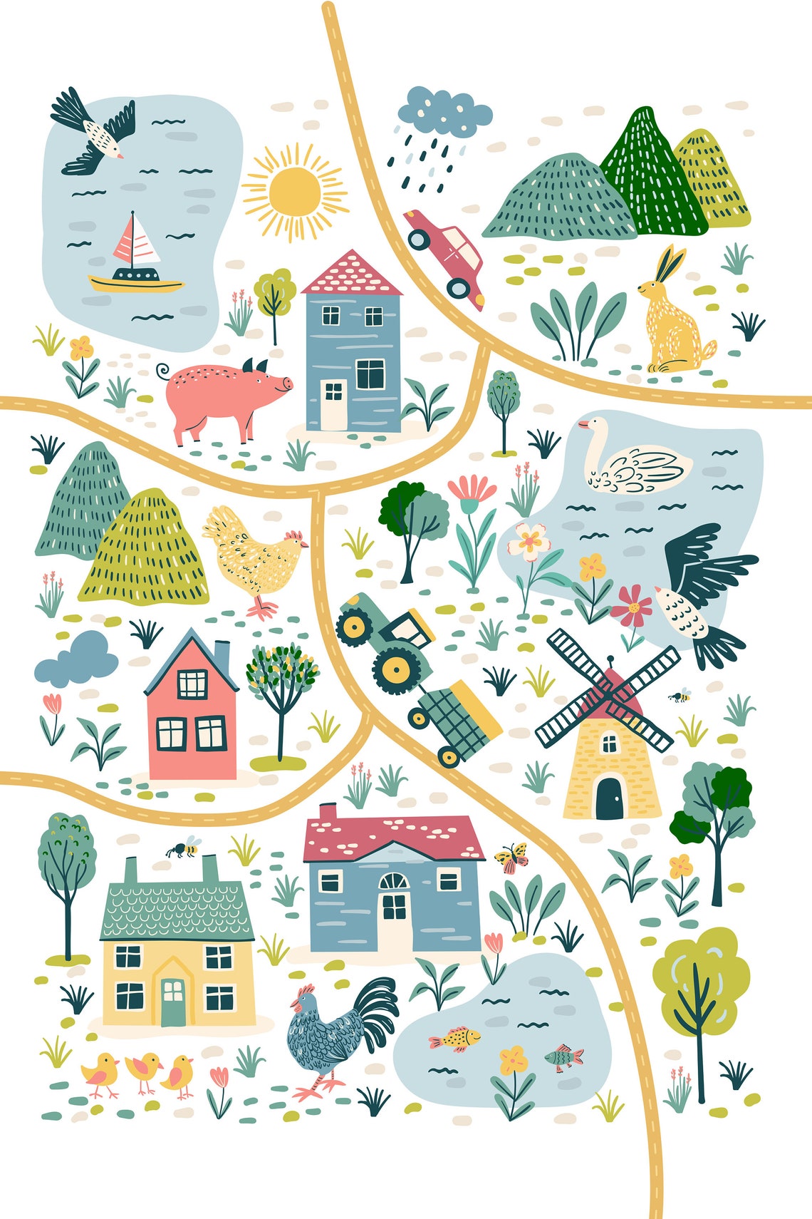 DIGITAL Little Village Map Art Print Farm Wall Decor for - Etsy