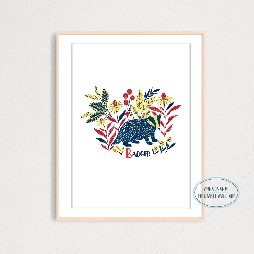 B is for Badger Animal Alphabet Art Print, Kids Wall Decor, Gouache ...
