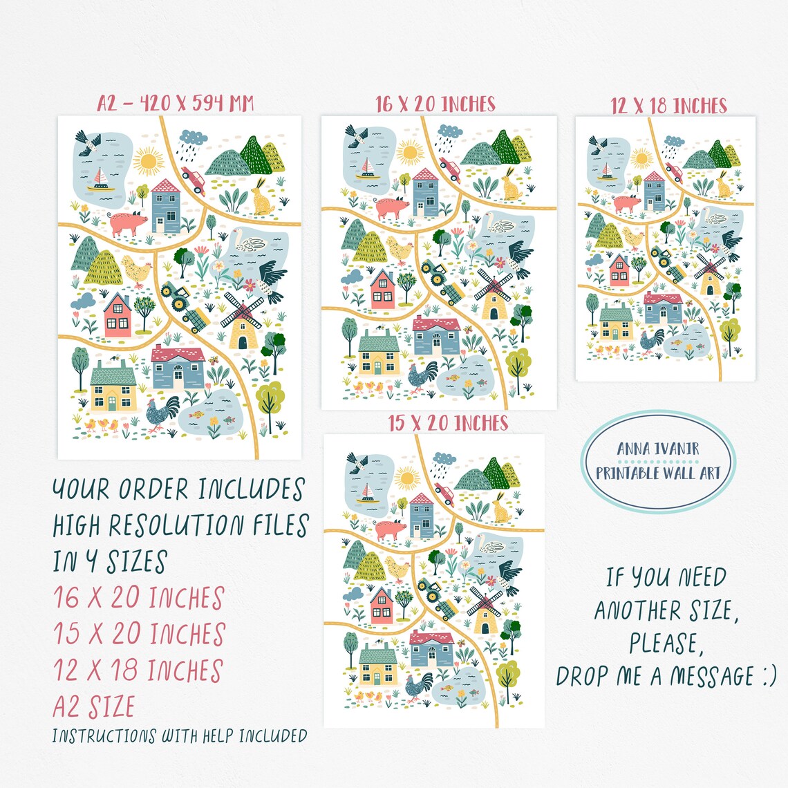 DIGITAL Little Village Map Art Print Farm Wall Decor for - Etsy