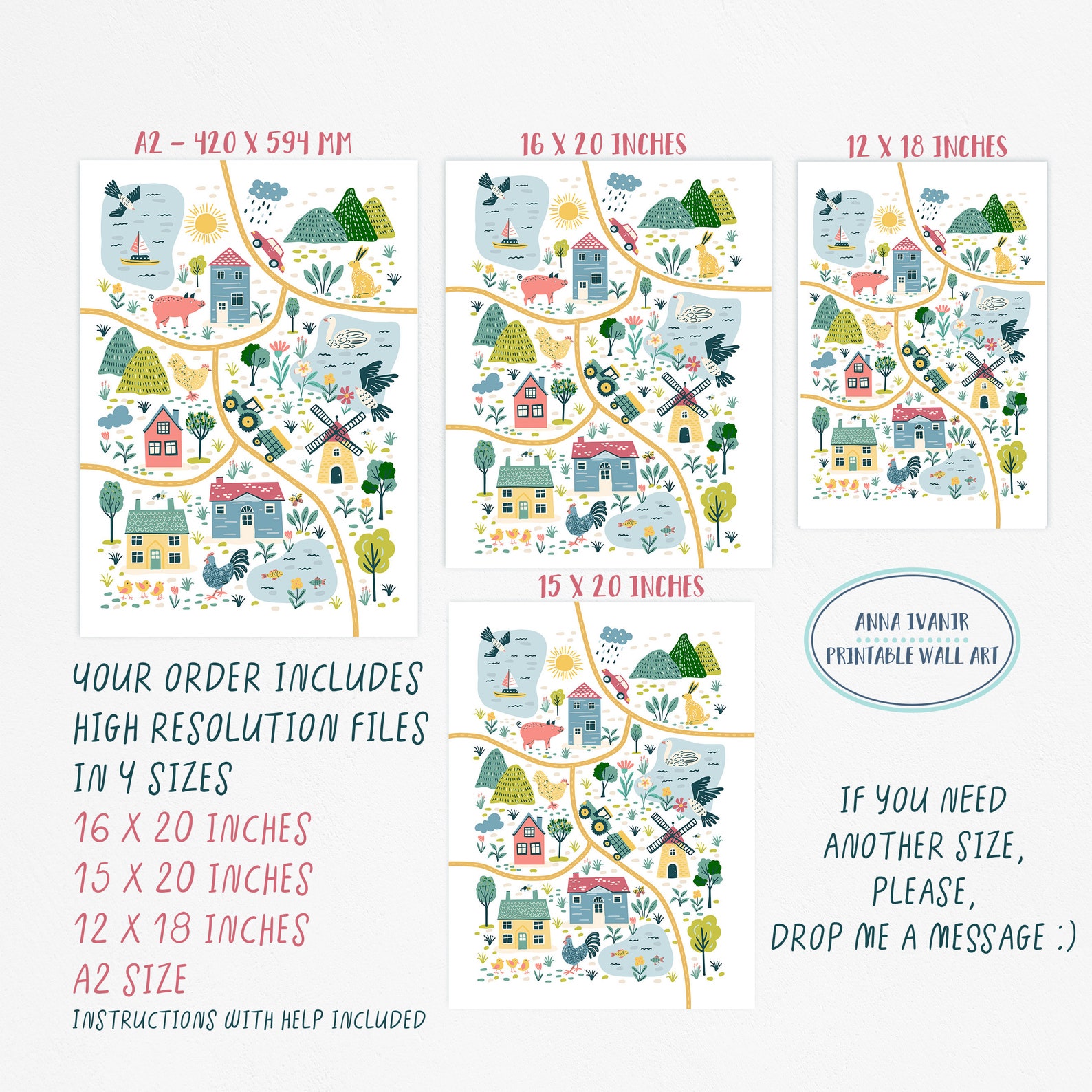 DIGITAL Little Village Map Art Print, Farm Wall Decor for Kids, Nursery ...
