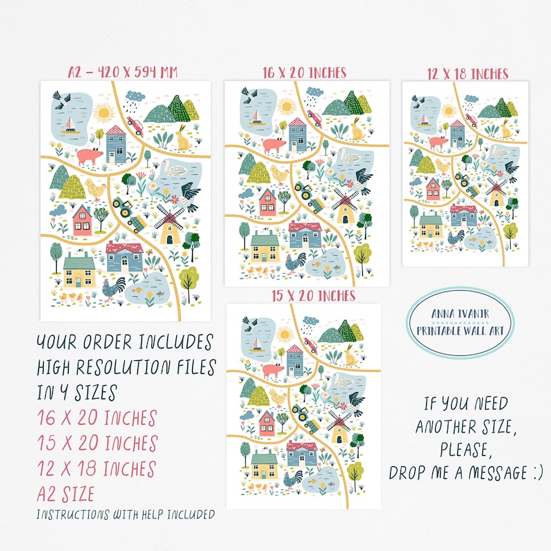 DIGITAL Little Village Map Art Print, Farm Wall Decor for Kids, Nursery ...