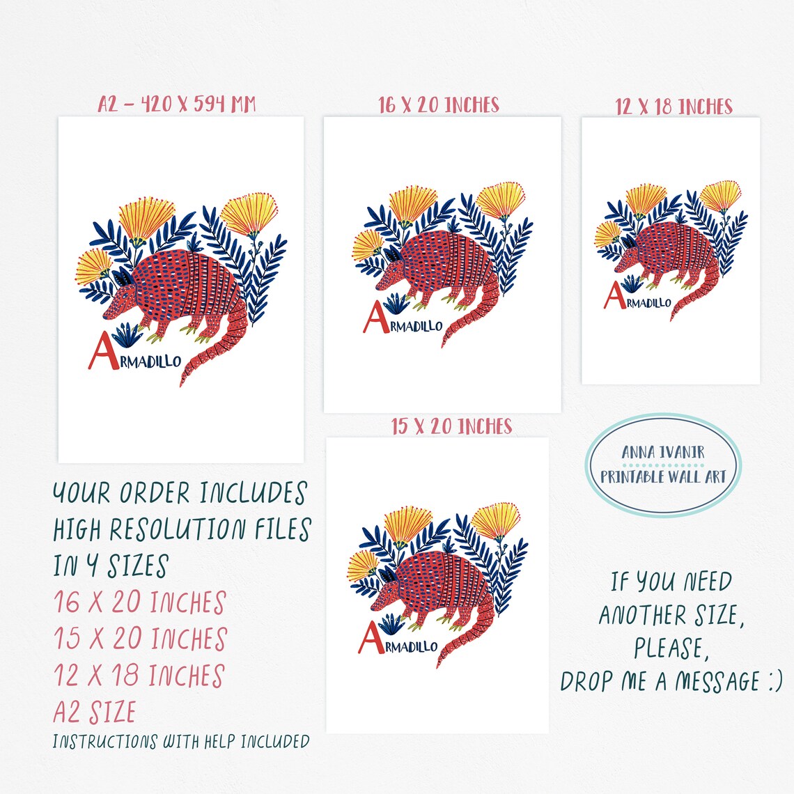 Happy Animal Armadillo Art Print Alphabet A Letter Kids Room - Etsy