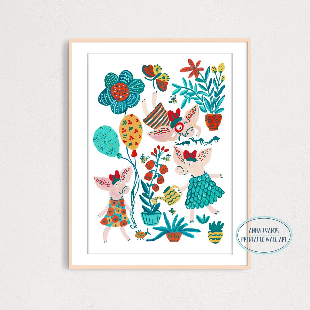 Three Girl Pigs Playing Art Print, Baby Girl Shower Gift, Game Room ...