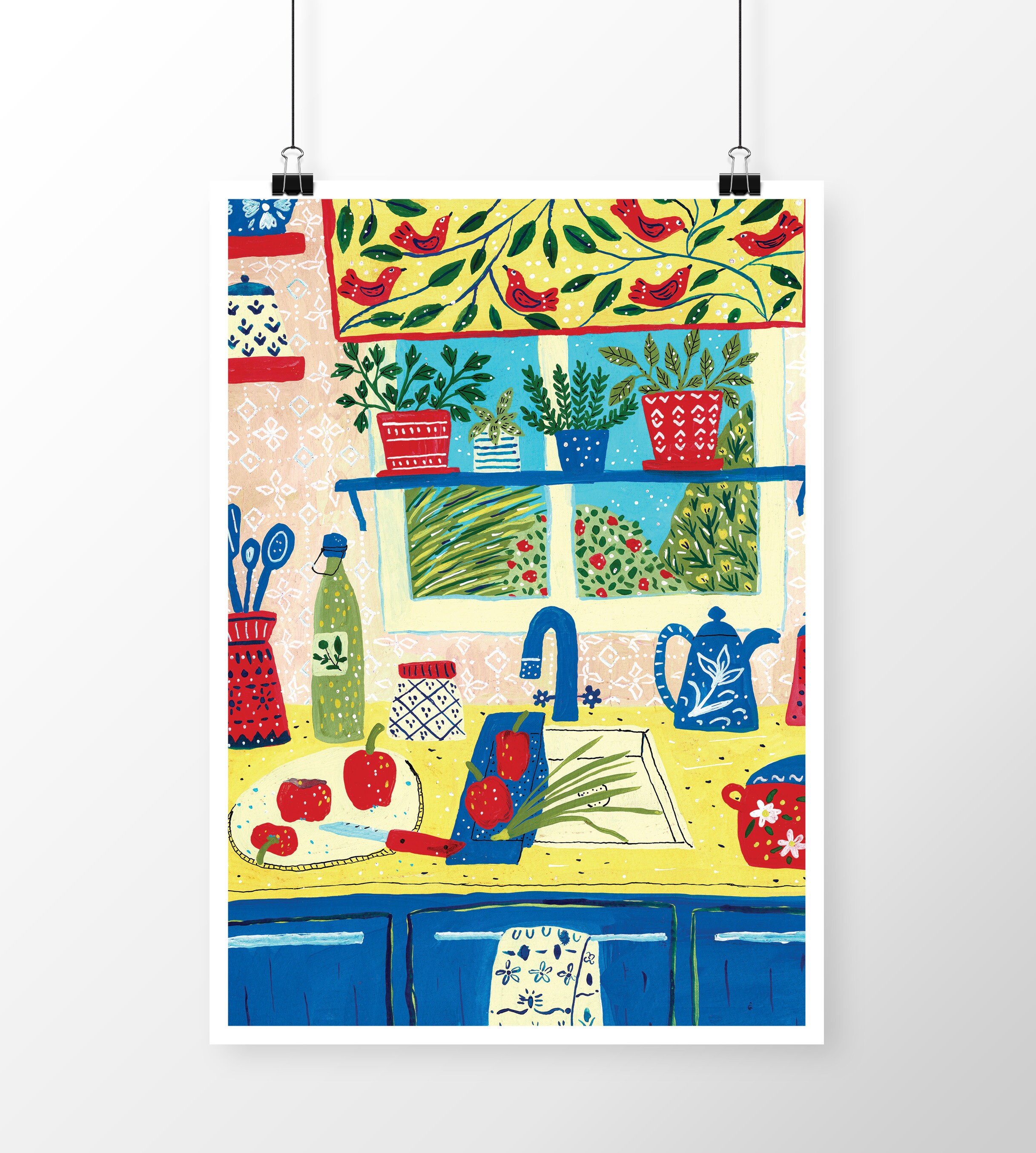 DIGITAL Blue Kitchen Art Print, Kitchen Wall Art, Gouache Illustration ...
