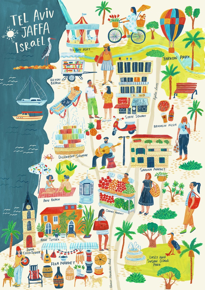 ART PRINT City Map of Tel Aviv Jaffa Art Print, Gouache Illustration ...