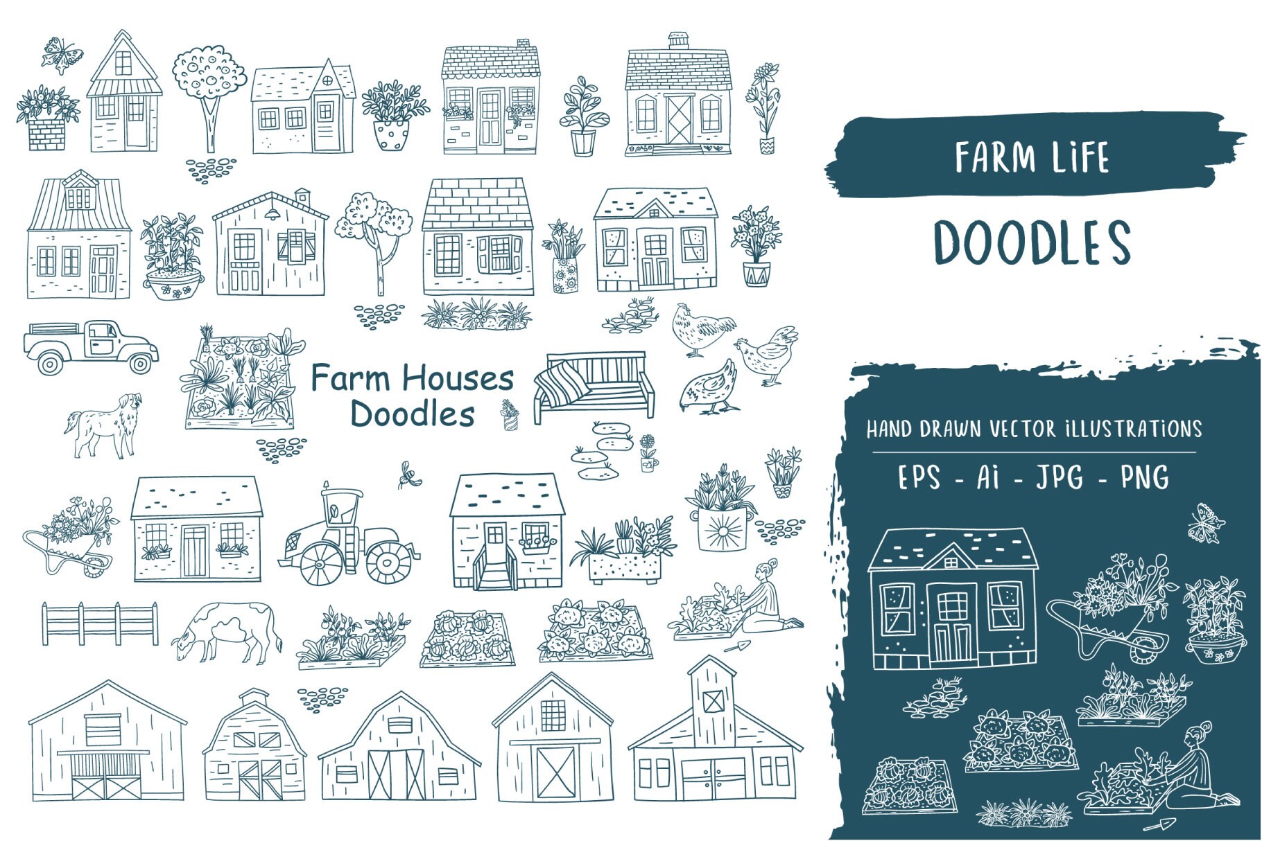 Hand Drawn Doodle Farm Life Set - Doodle Farm Icons Clipart - Hand ...